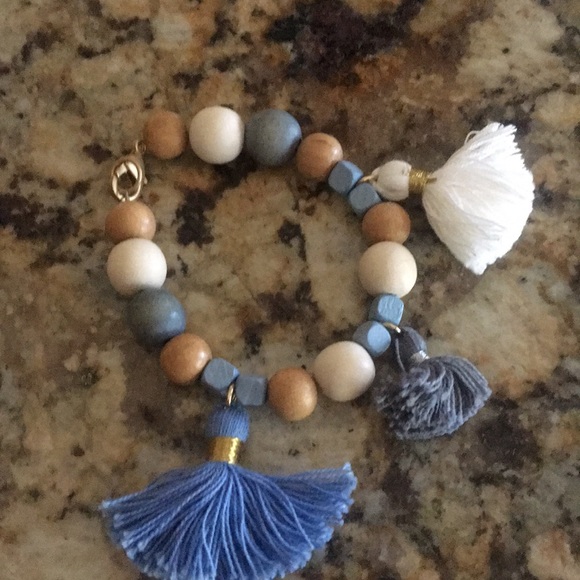 Jewelry | Beaded Bracket With White Blue And Wooden Beads | Poshmark